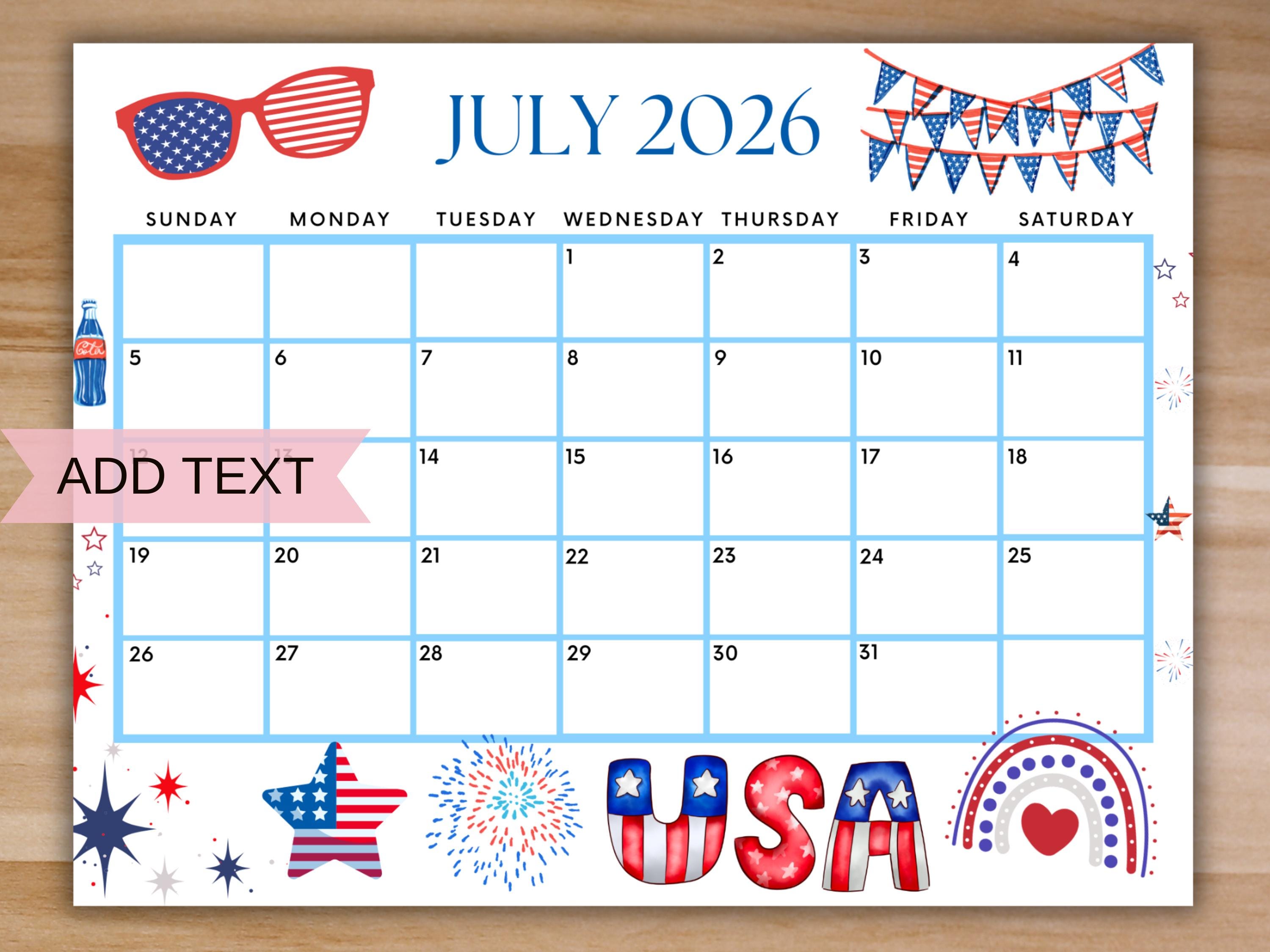 Editable July 2026 Calendar, Printable Calendar W/ Sunglasses and USA ...