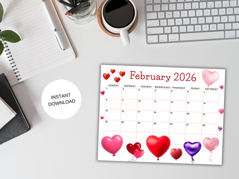 Editable February 2026 Calendar, Printable Valentines Day Calendar ...