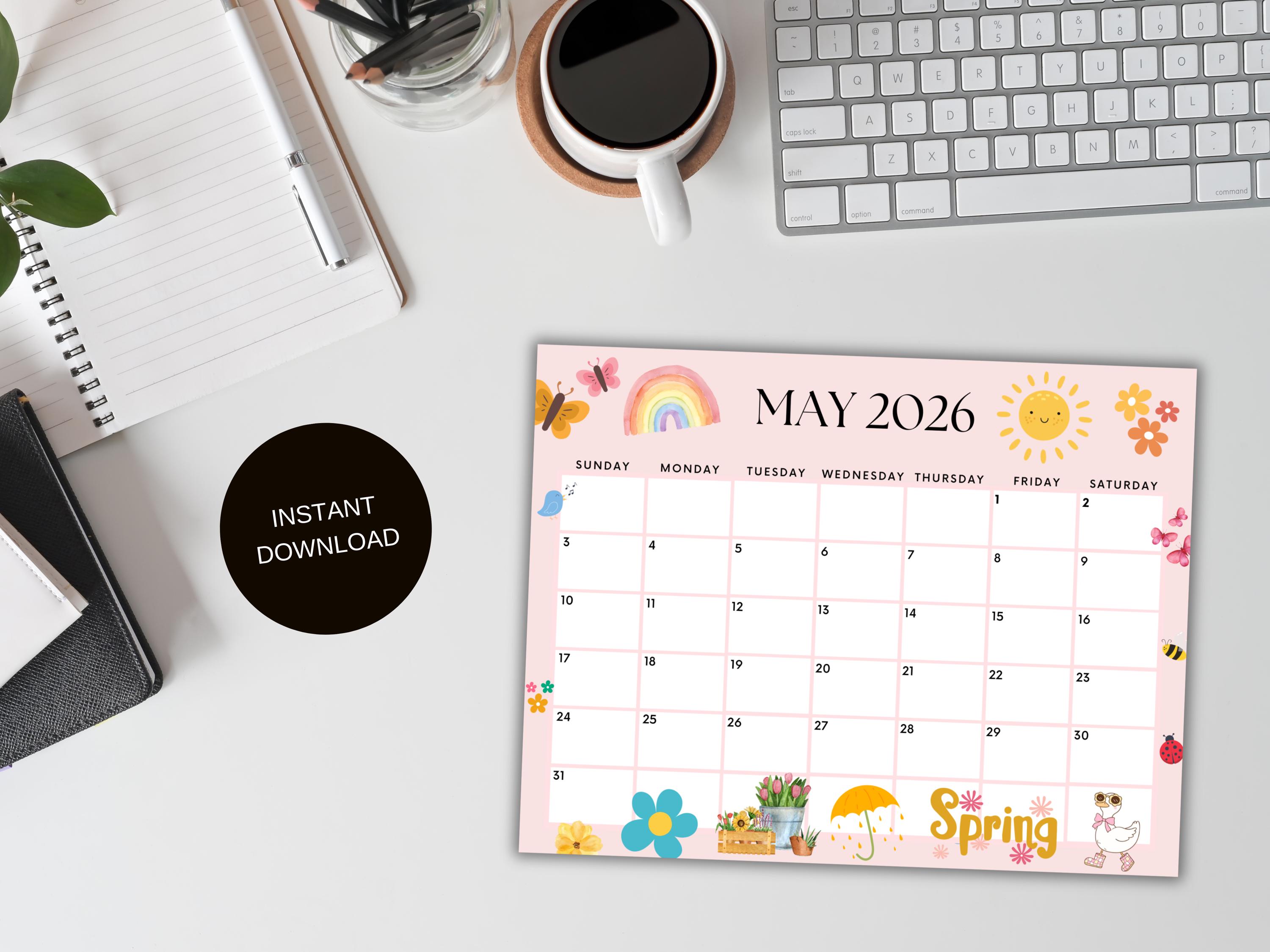 Editable May 2026 Calendar, Printable Calendar, Hello Spring W ...