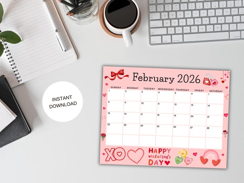 Editable February 2026 Calendar, Printable Happy Valentines Day Planner ...