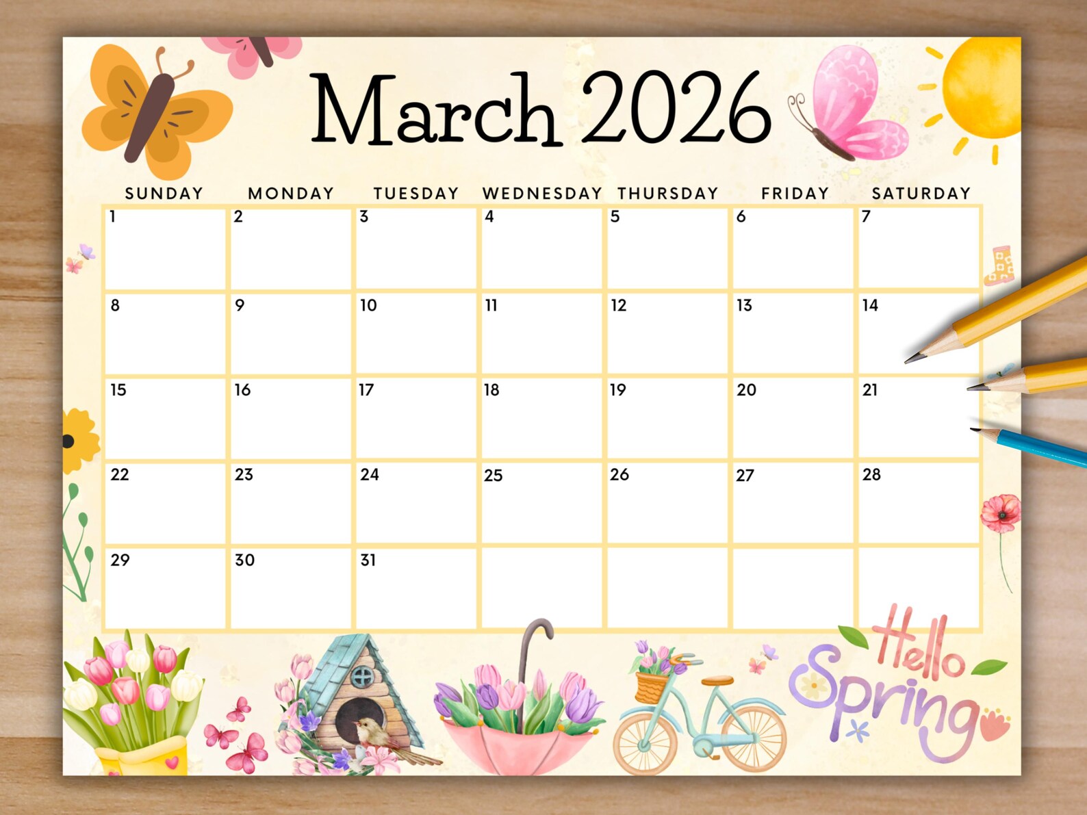 Editable March 2026 Calendar, Spring Printable Calendar W/ Butterflies ...