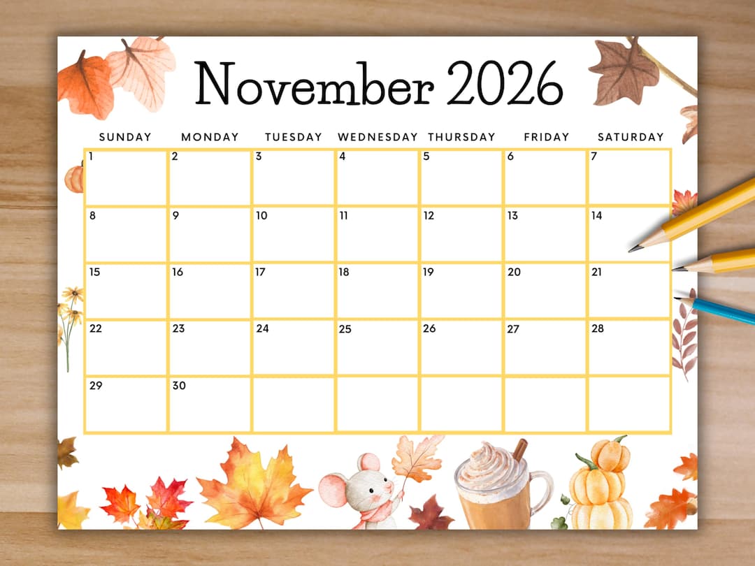 Calendario de noviembre de 2026 editable, calendario de noviembre ...