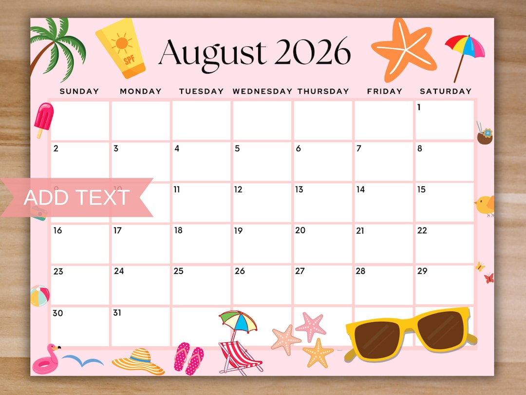 EDITABLE August 2026 Calendar, Printable Summer Calendar W/ Starfish ...