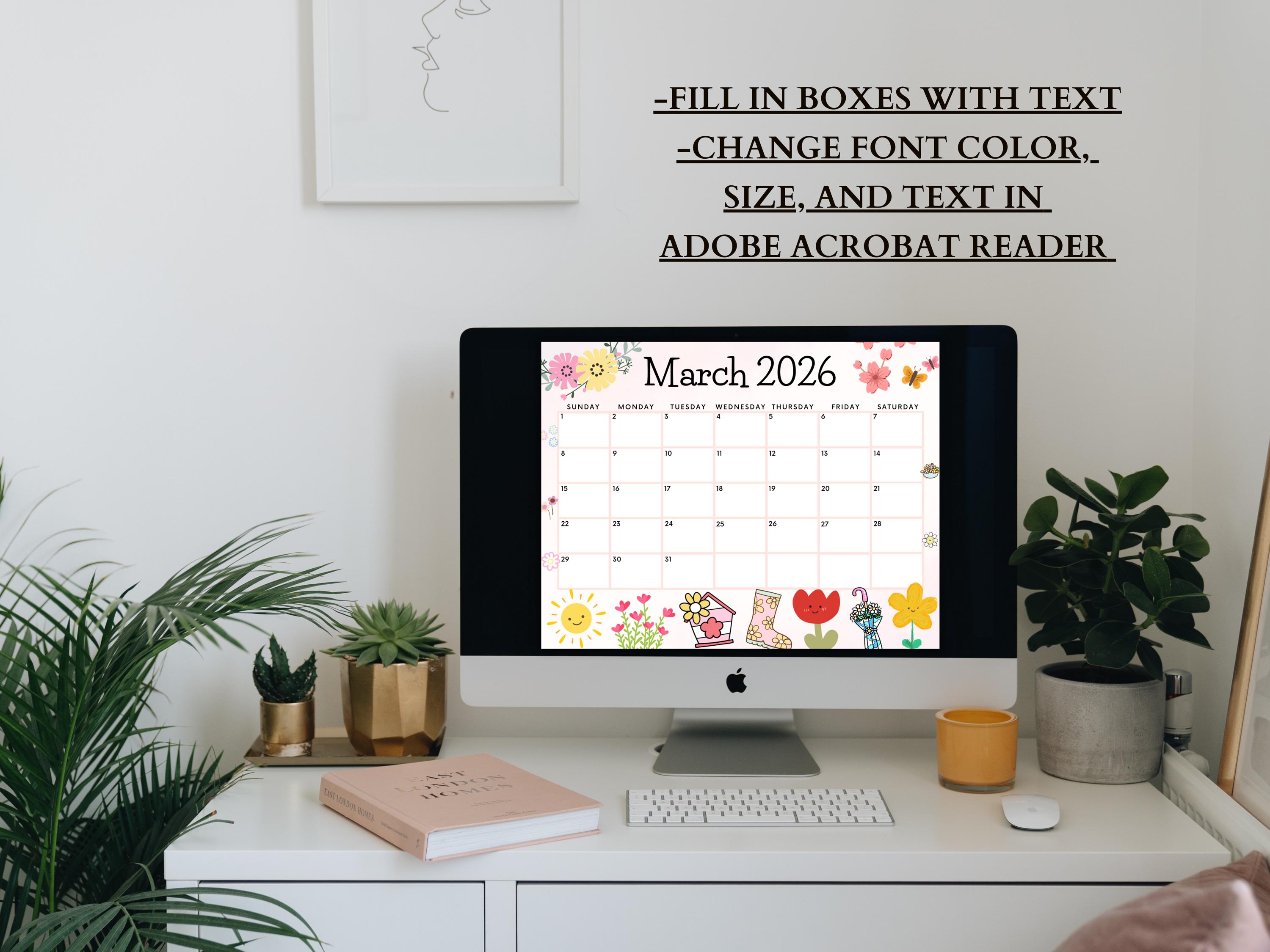 Editable March 2026 Calendar, Printable Calendar W/ Colorful Spring ...