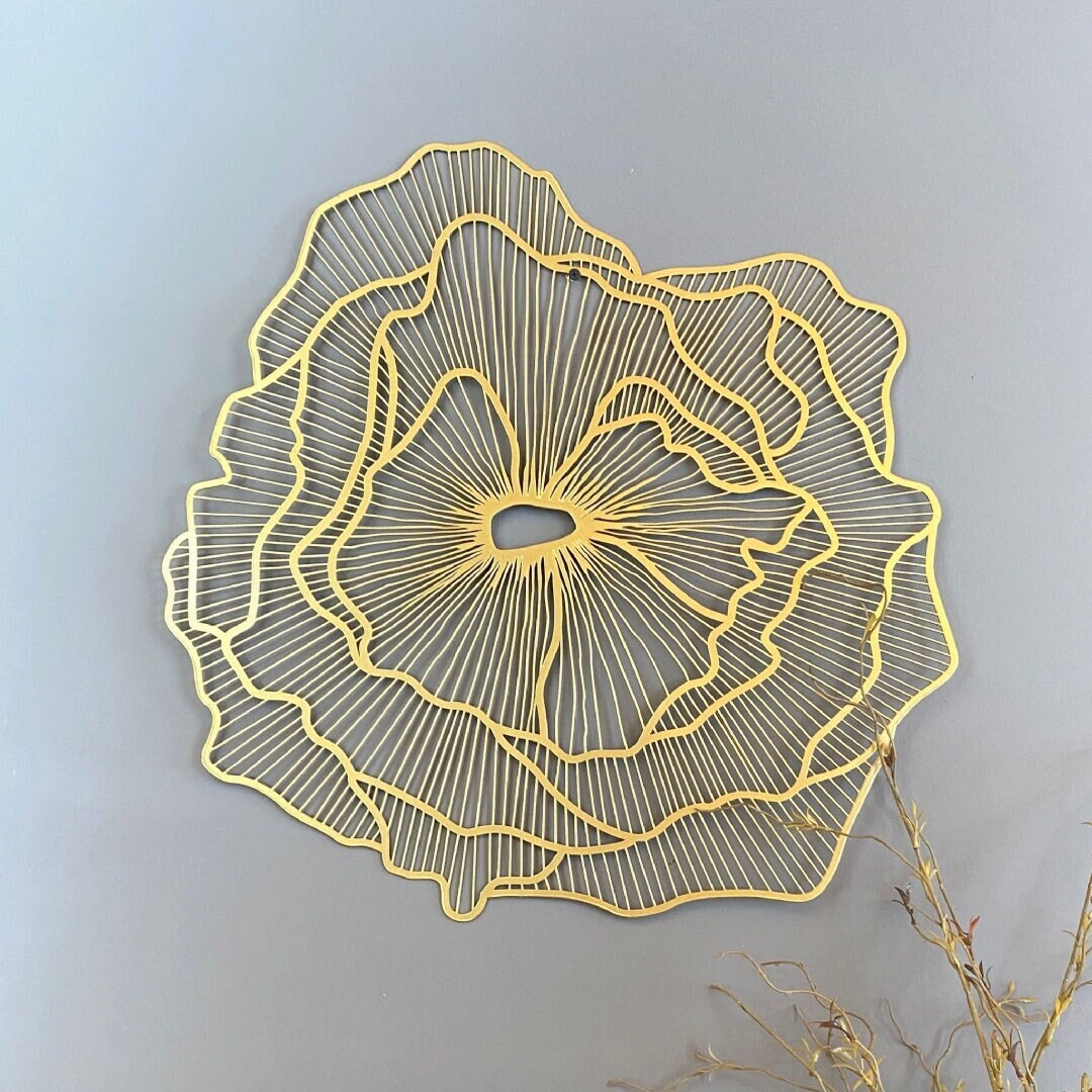 3D Gold Flower Line Art & Metal Wall Sign, Steel Wall Decor, Wall Art ...