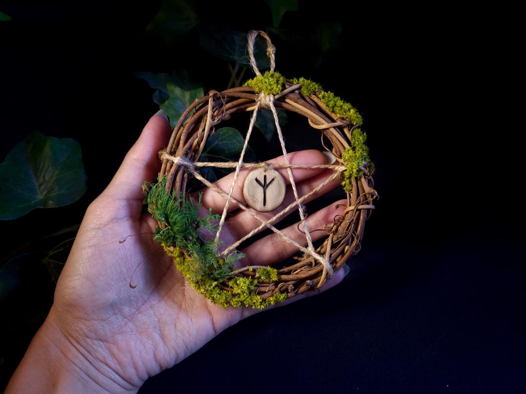 Protection Pentacle, Algiz Rune Wood Wall Decor, Wiccan Amulet, Natural ...