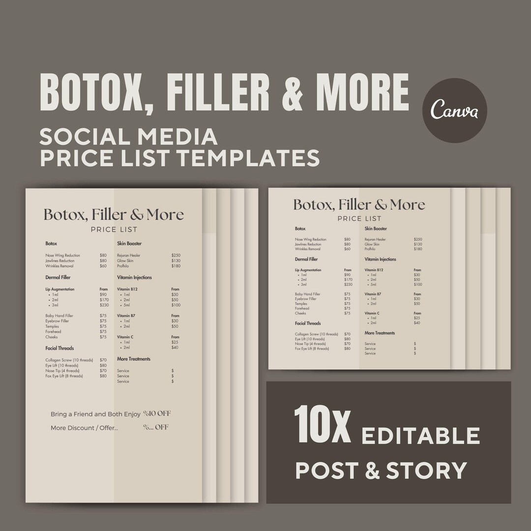 Botox Filler Price List Instagram Template | Beige Canva Editable Post ...