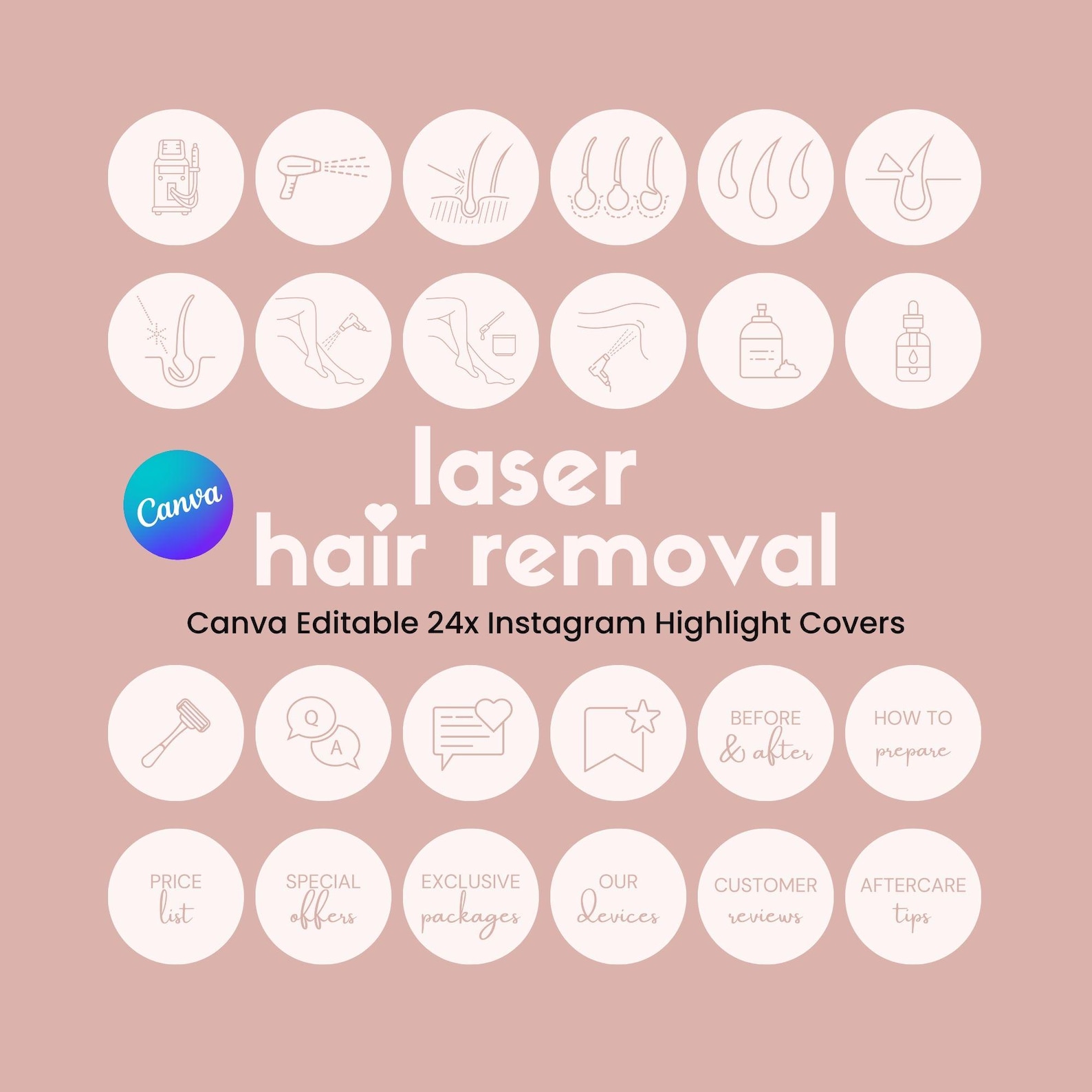 Laser Hair Removal Instagram Highlight Covers: 24x Pink Icons (canva ...