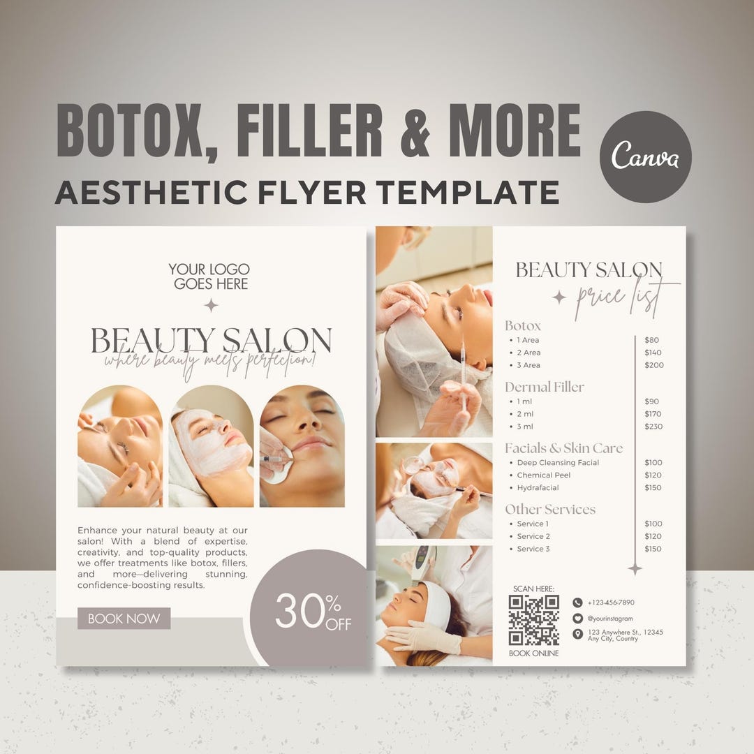 Botox Dermal Filler Flyer Template – Editable Canva Design, Beige ...