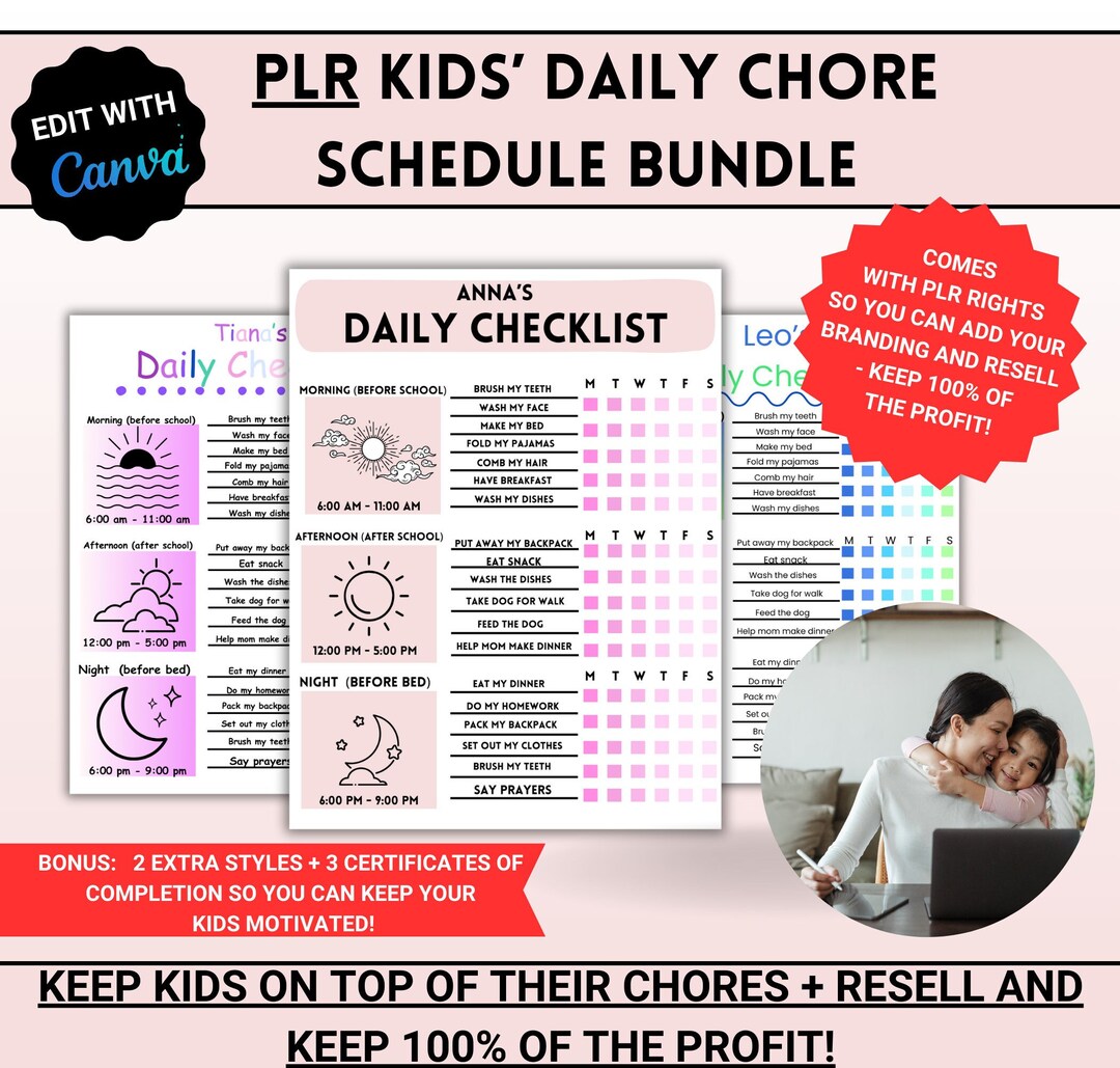 PLR Kids' Daily Chore Checklist Bundle, Before/after School, Before Bed ...