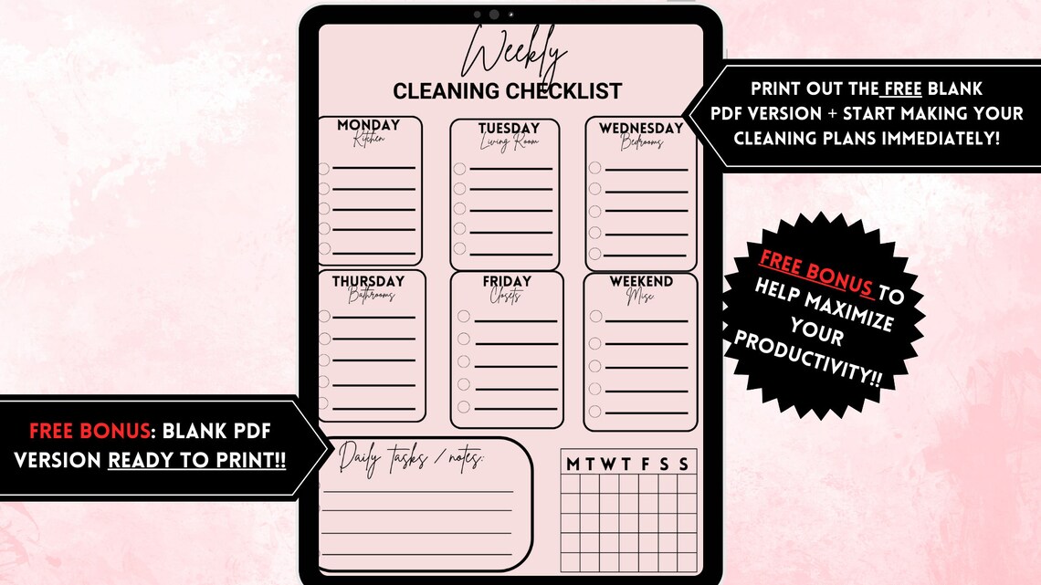 Editable Weekly Cleaning Checklist Planner, Printable Weekly House ...