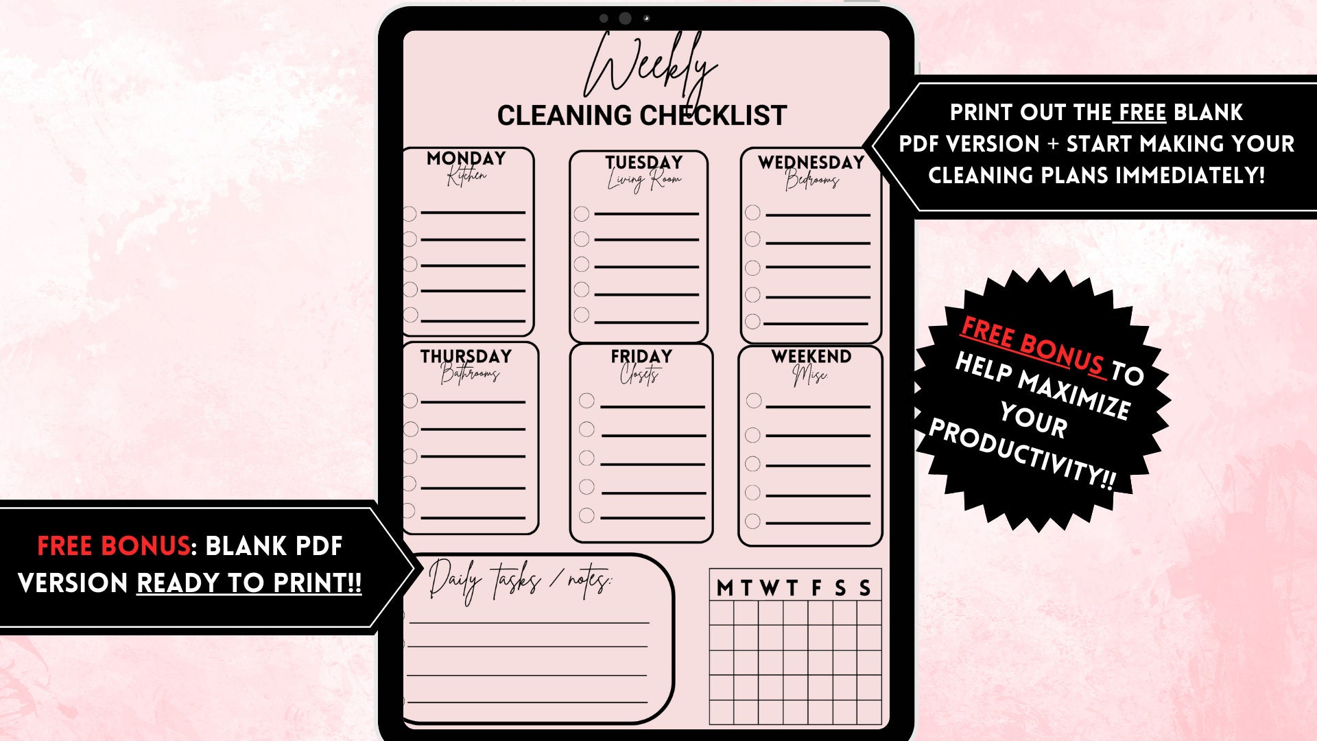 Editable Weekly Cleaning Checklist Planner, Printable Weekly House ...