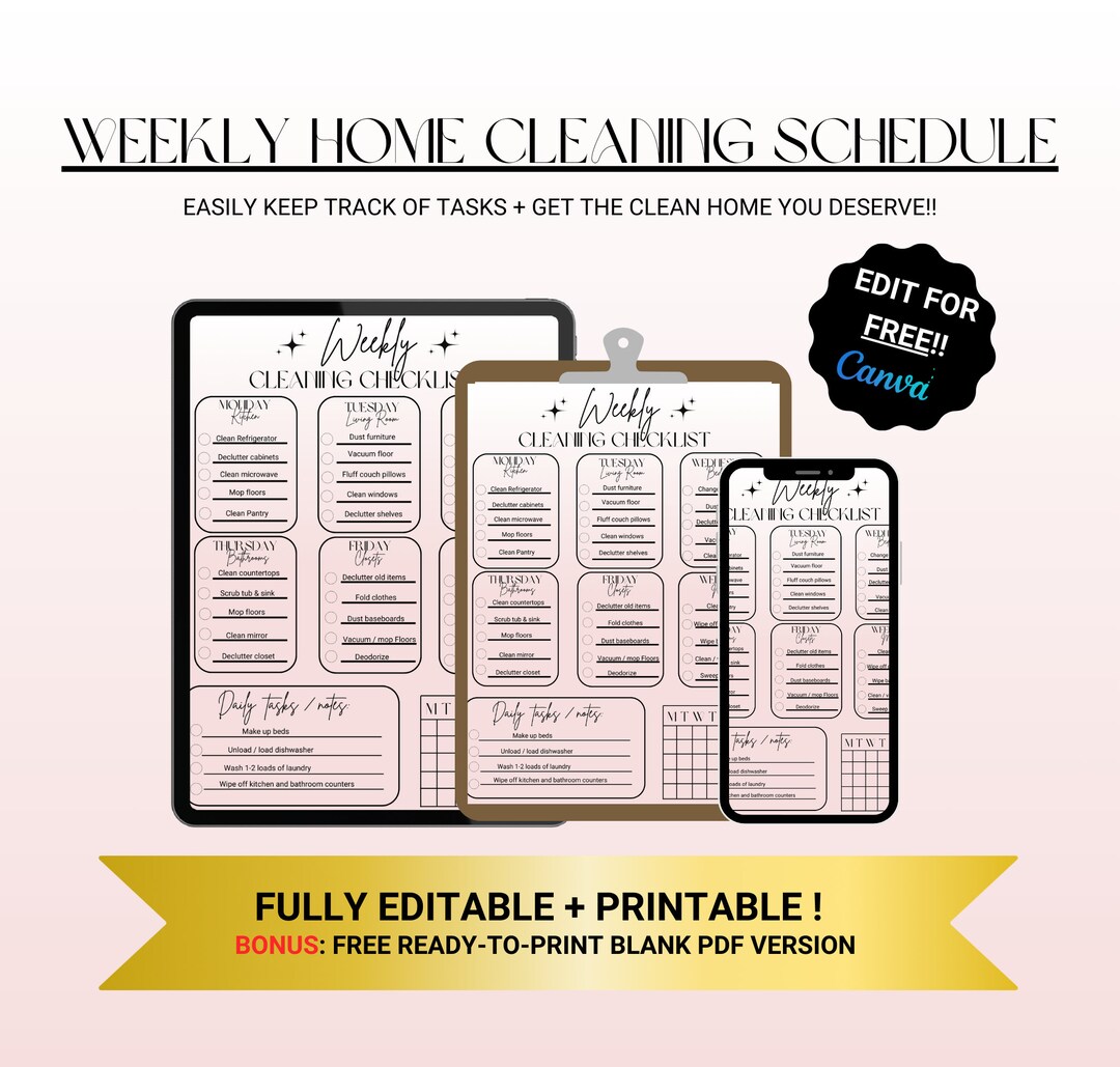 EDITABLE Weekly Home Cleaning Checklist, Weekly Cleaning Schedule ...