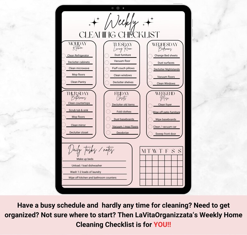EDITABLE Weekly Home Cleaning Checklist, Weekly Cleaning Schedule ...