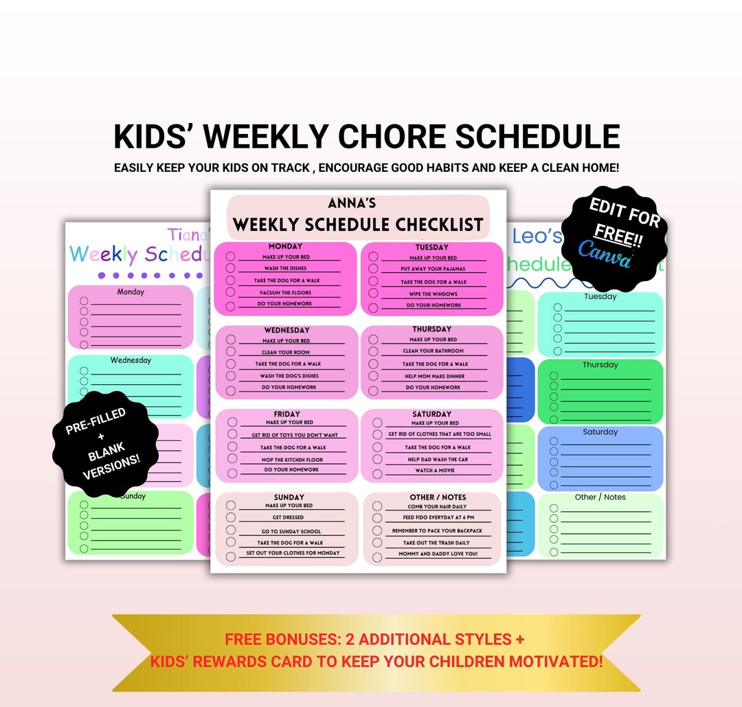 Kids' Chore Chart, Kids' Weekly Cleaning Schedule, Children's Weekly ...