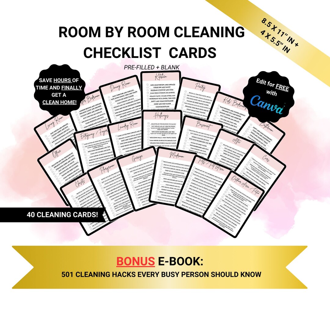 Room by Room Cleaning Checklist Cards: Chore Tracker (digital Download ...