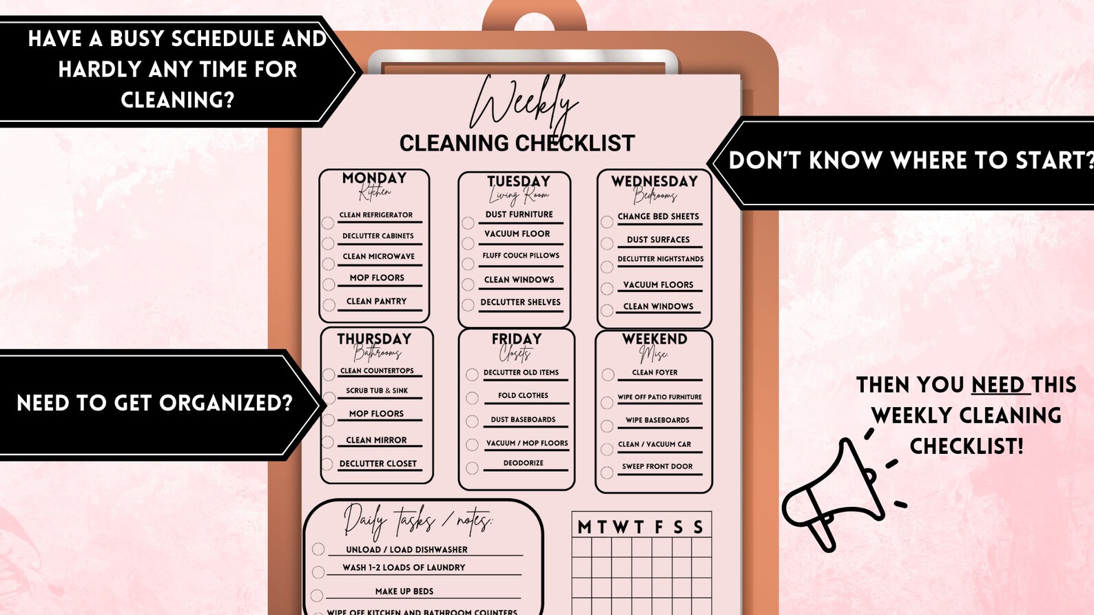 Editable Weekly Cleaning Checklist Planner, Printable Weekly House ...