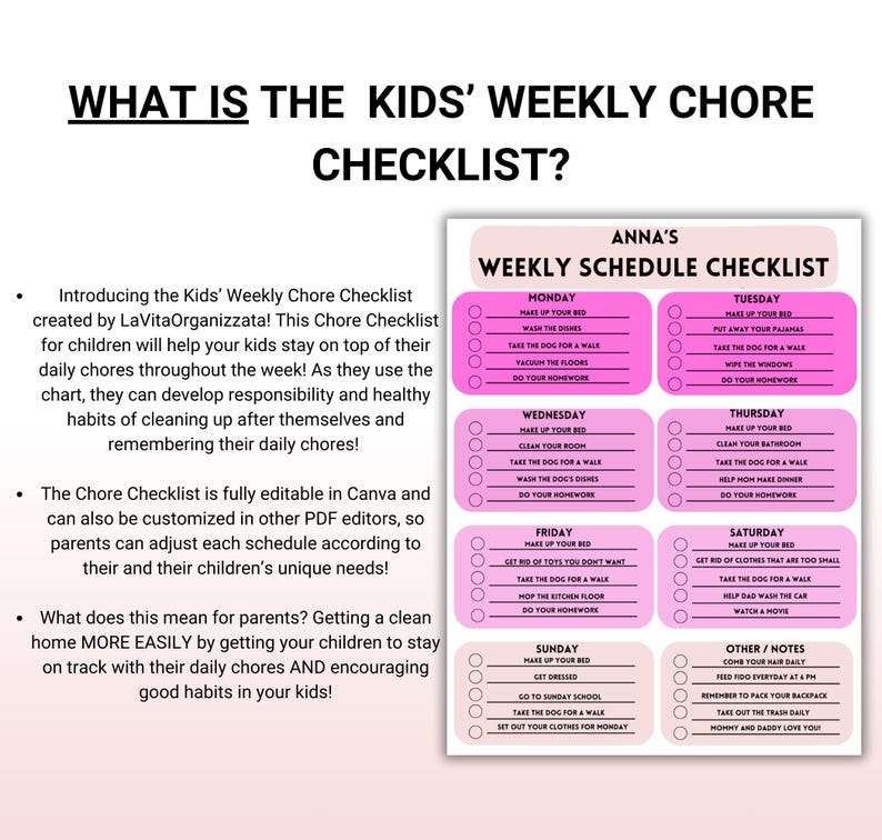 Kids' Chore Chart, Kids' Weekly Cleaning Schedule, Children's Weekly ...
