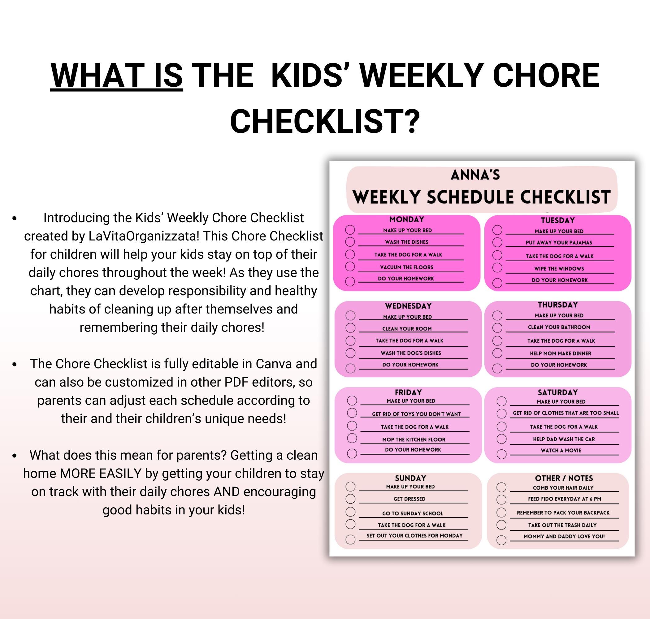 Kids' Chore Chart, Kids' Weekly Cleaning Schedule, Children's Weekly ...