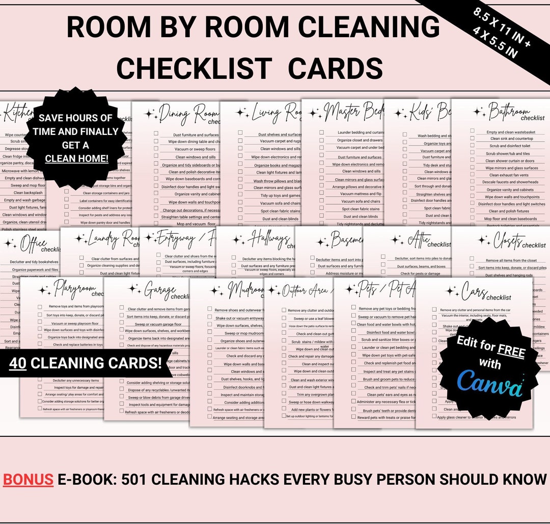 Room by Room Cleaning Checklists, Editable Cleaning Cards, Cleaning ...