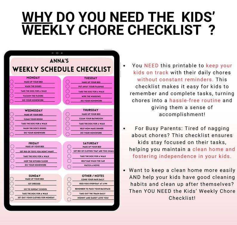 Kids' Chore Chart, Kids' Weekly Cleaning Schedule, Children's Weekly ...