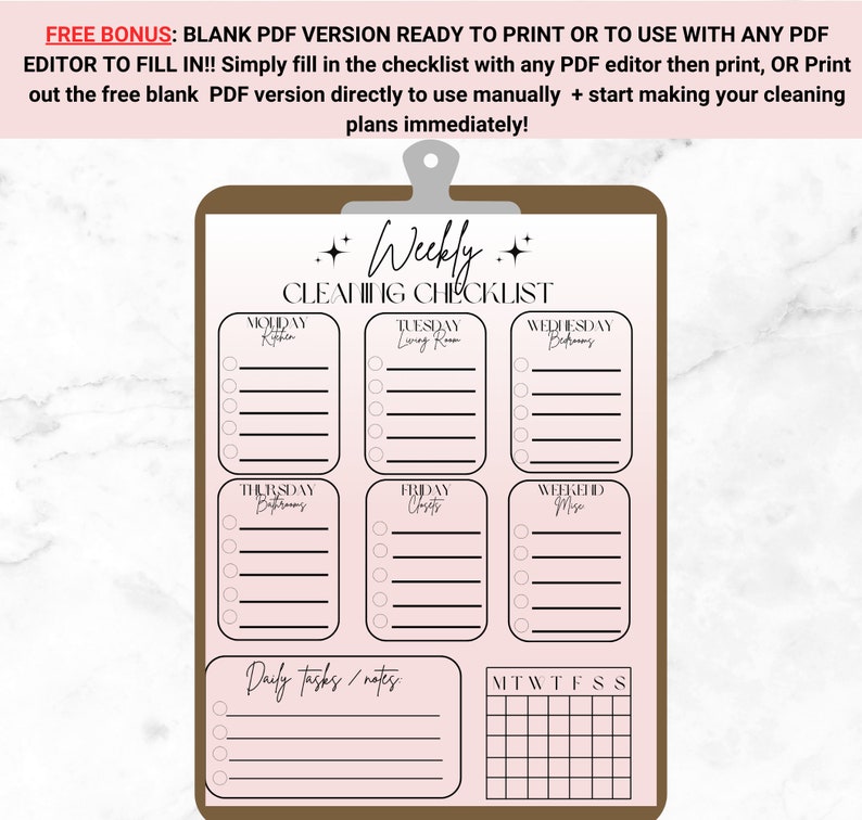 EDITABLE Weekly Home Cleaning Checklist, Weekly Cleaning Schedule ...