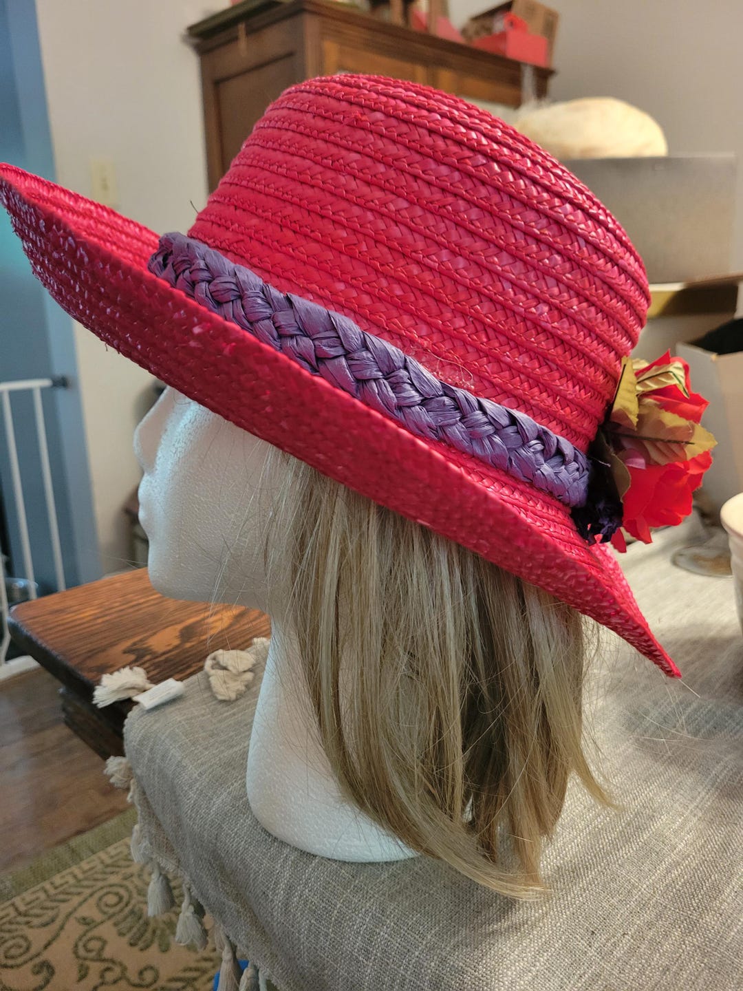Vintage Red Straw Hat - Etsy