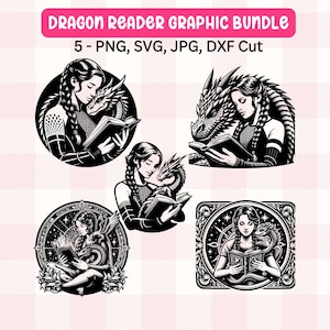 Dragon Reading Bundle | 5 Svg Png Dxf Cut Graphics | Trendy Bookish ...