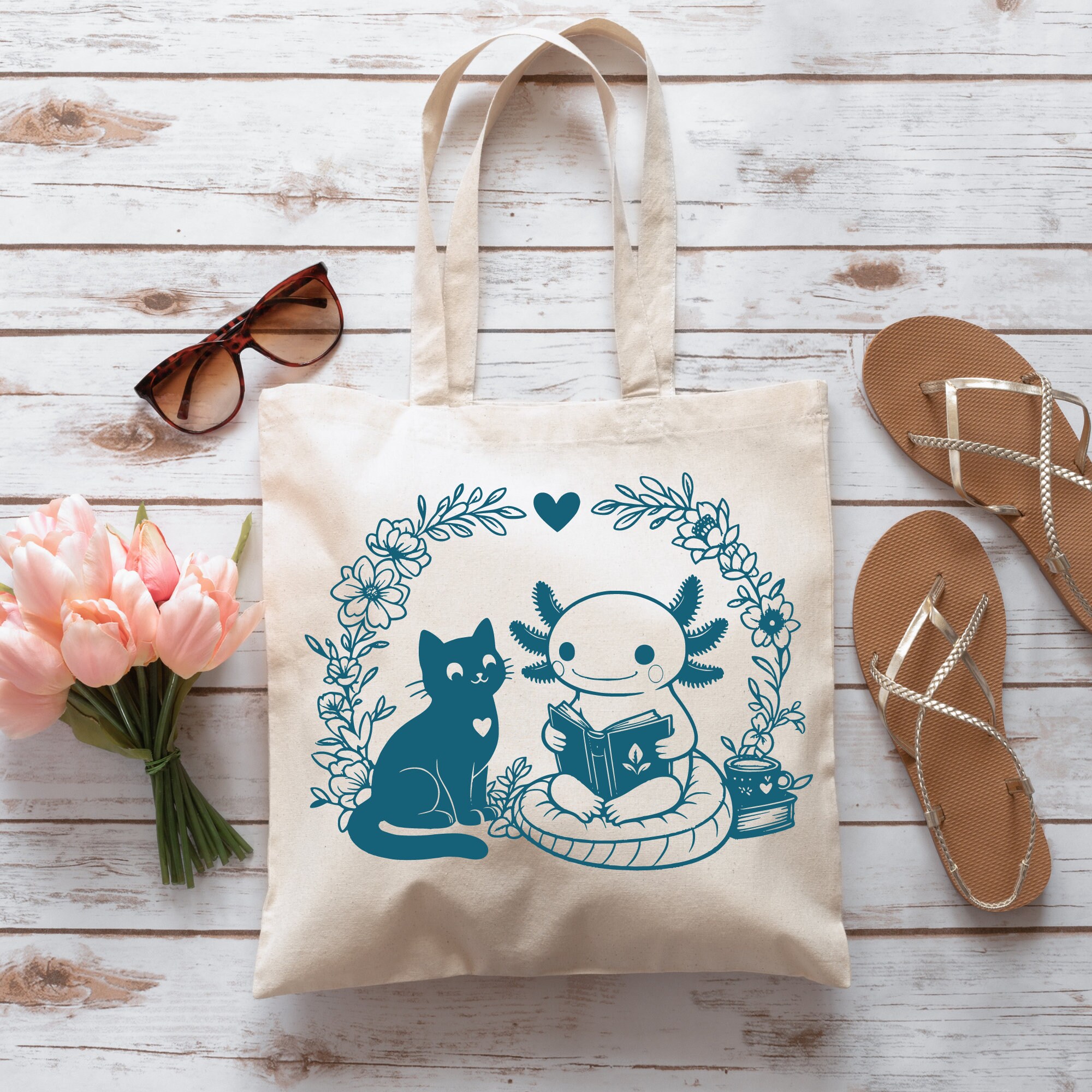 Kawaii Axolotl Cat Reading Graphic Gift for Animal Lovers, Amphibian ...