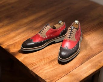 New Men's Fashion Bespoke Premium Leather Multi Color Oxford Wingtip ...
