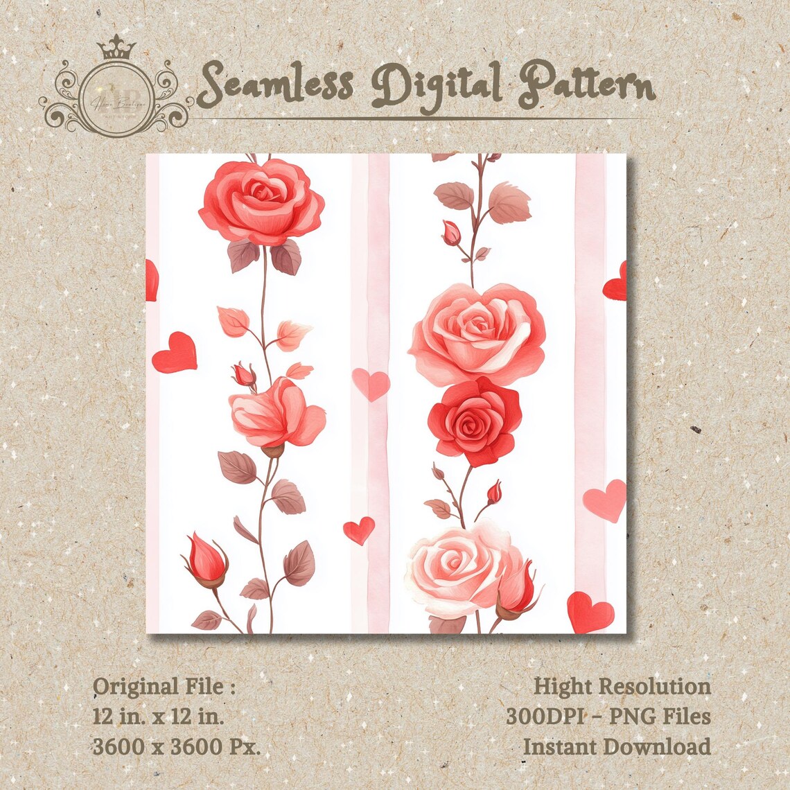 Valentines Roses Heart Stripe Seamless Pattern Roses Watercolor Digital ...