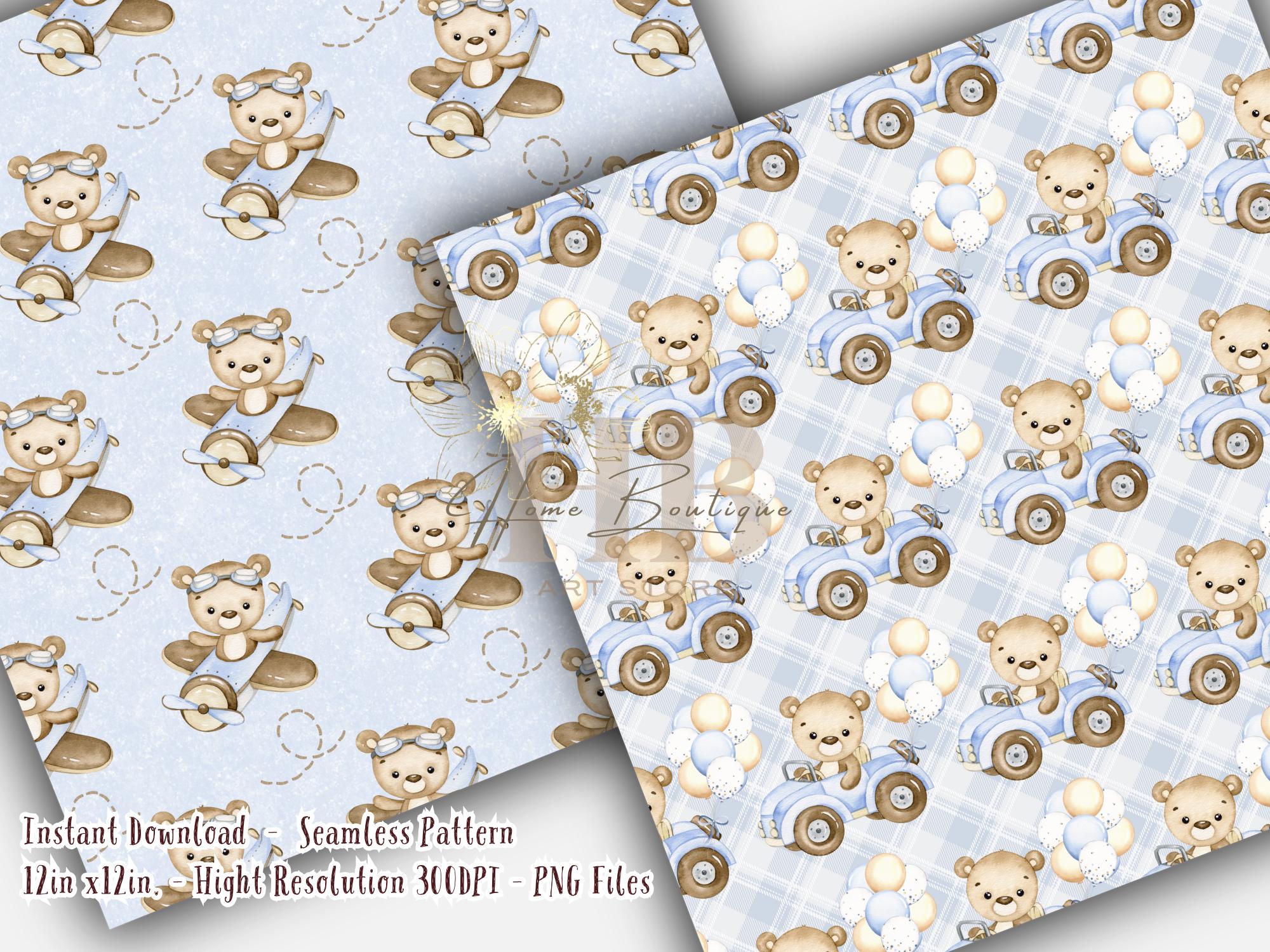 Watercolor Baby Boy Digital Paper Pack Teddy Bear Seamless Pattern It's ...