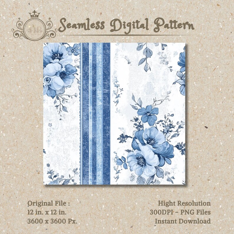 Blue Stripe Seamless Pattern Floral Digital Paper Wallpaper Scrapbook ...