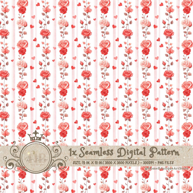 Valentines Roses Heart Stripe Seamless Pattern Roses Watercolor Digital ...