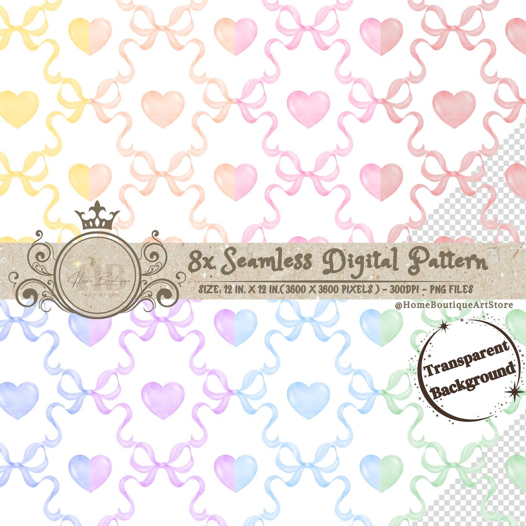 Pastel Bows and Hearts Seamless Pattern Watercolor Pastel Bow Heart ...
