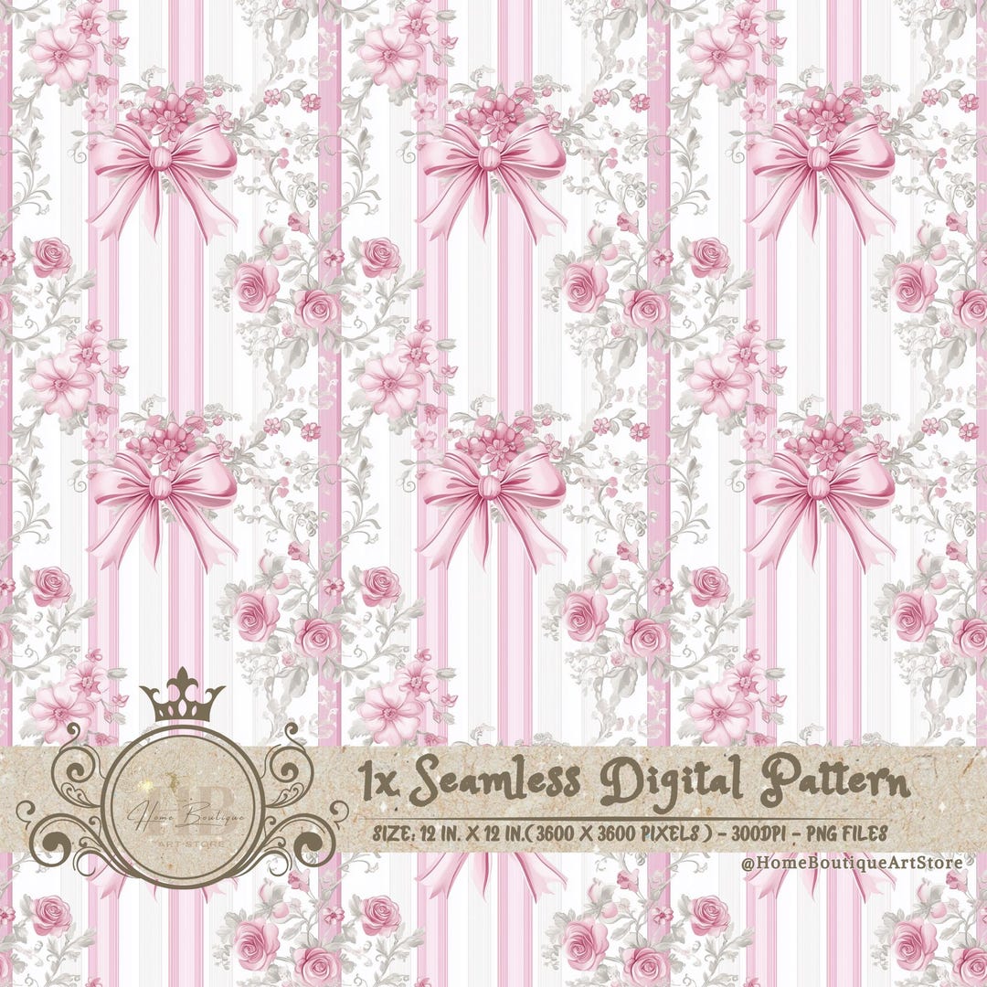 Pink Bow Flower Stripe Seamless Pattern Baby Pink Digital Paper ...