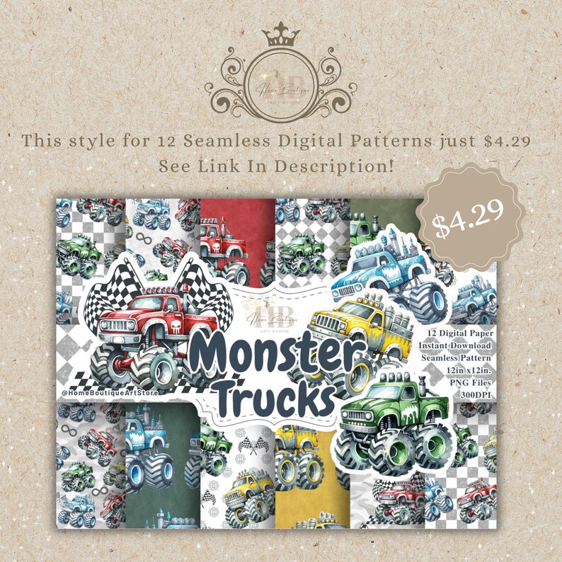 Watercolor Monster Trucks Digital Paper Pack Monster Trucks Seamless ...