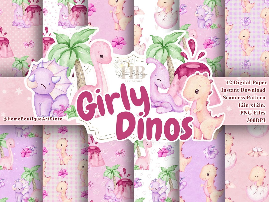 Watercolor Girly Dinos Digital Paper Pack Dino Pattern Dino Seamless ...