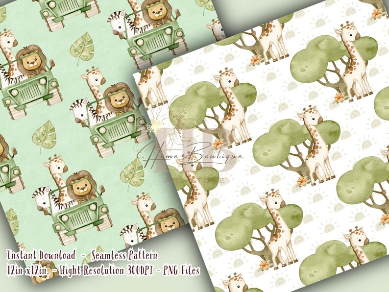 Safari Animals Digital Paper Pack Watercolor Animal Seamless Pattern ...