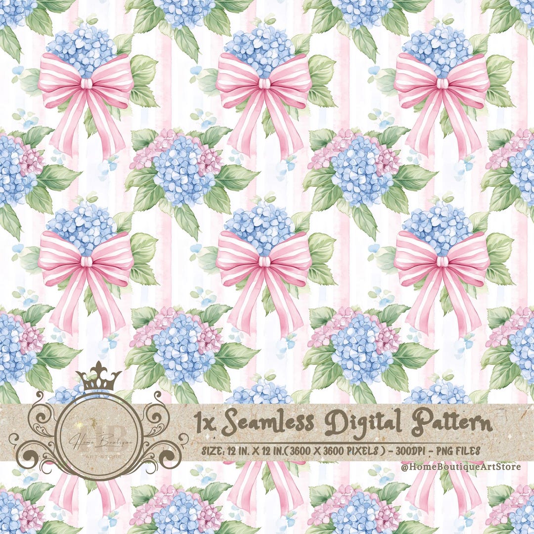 Pink Bow Hydrangea Seamless Pattern Hydrangea Watercolor Digital Paper ...