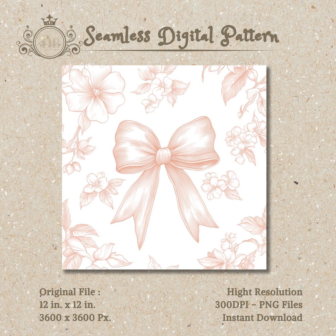 Peach Toile Coquette Seamless Patterns Bows Digital Paper Wallpaper ...