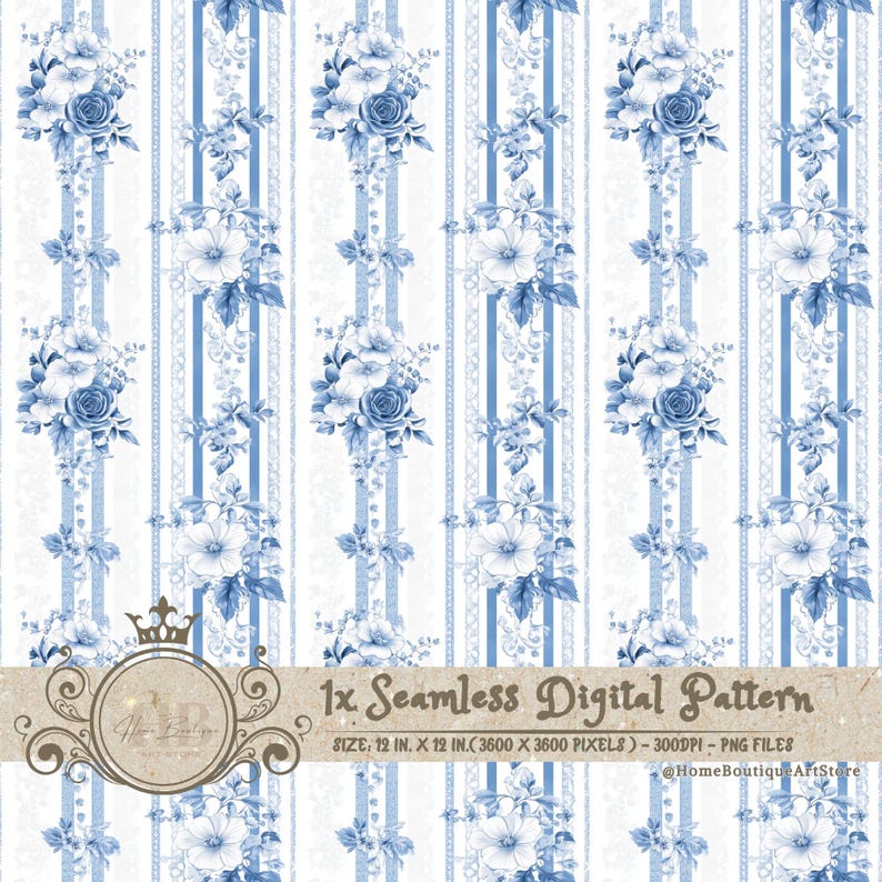 Blue Stripe Seamless Pattern Floral Digital Paper Wallpaper Scrapbook ...