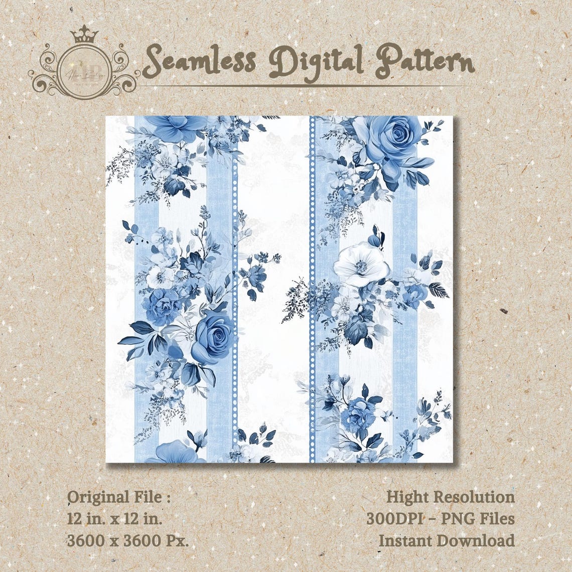 Blue Stripe Seamless Pattern Floral Digital Paper Wallpaper Scrapbook ...