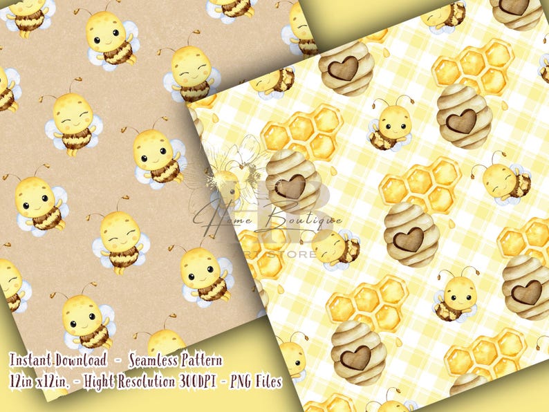 Watercolor Bumble Bee Digital Paper Pack Bee Ladybug Seamless Pattern ...