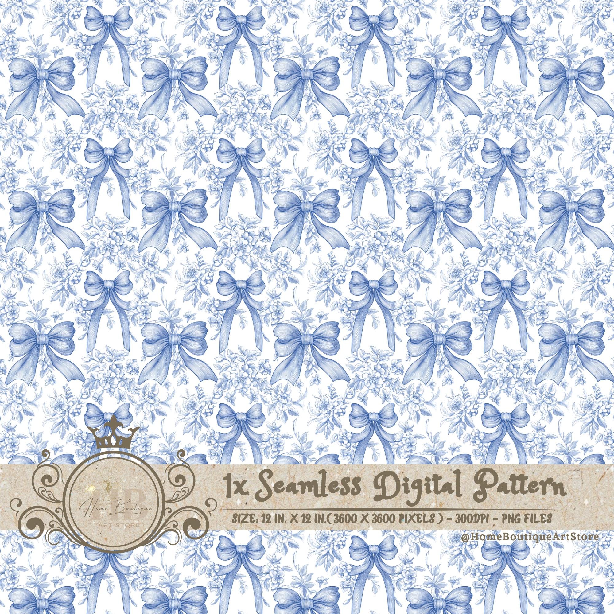 Blue Toile Coquette Seamless Patterns Bows Digital Paper Wallpaper ...