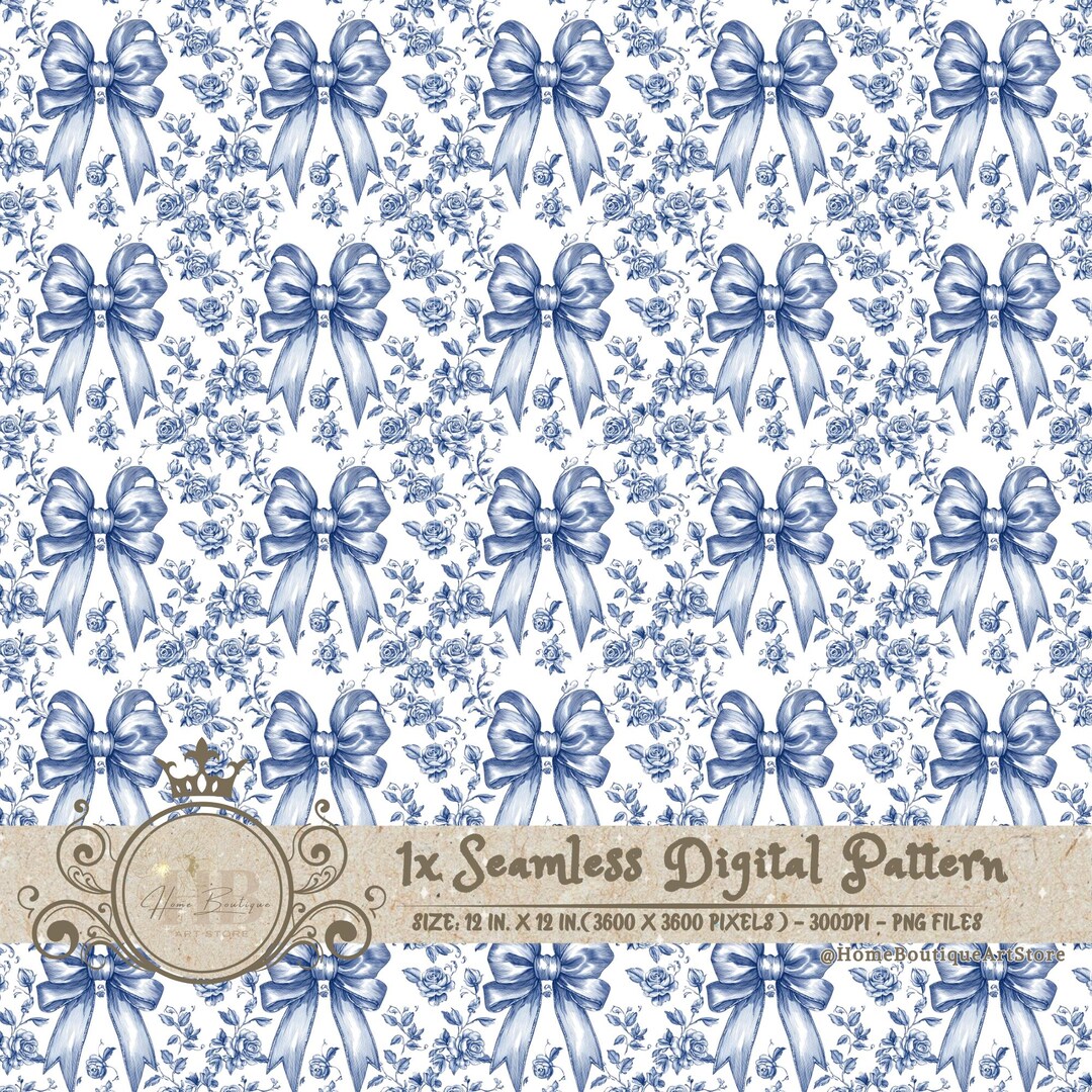 Blue Bow Toile Seamless Patterns Bows Coquette Digital Paper Wallpaper ...