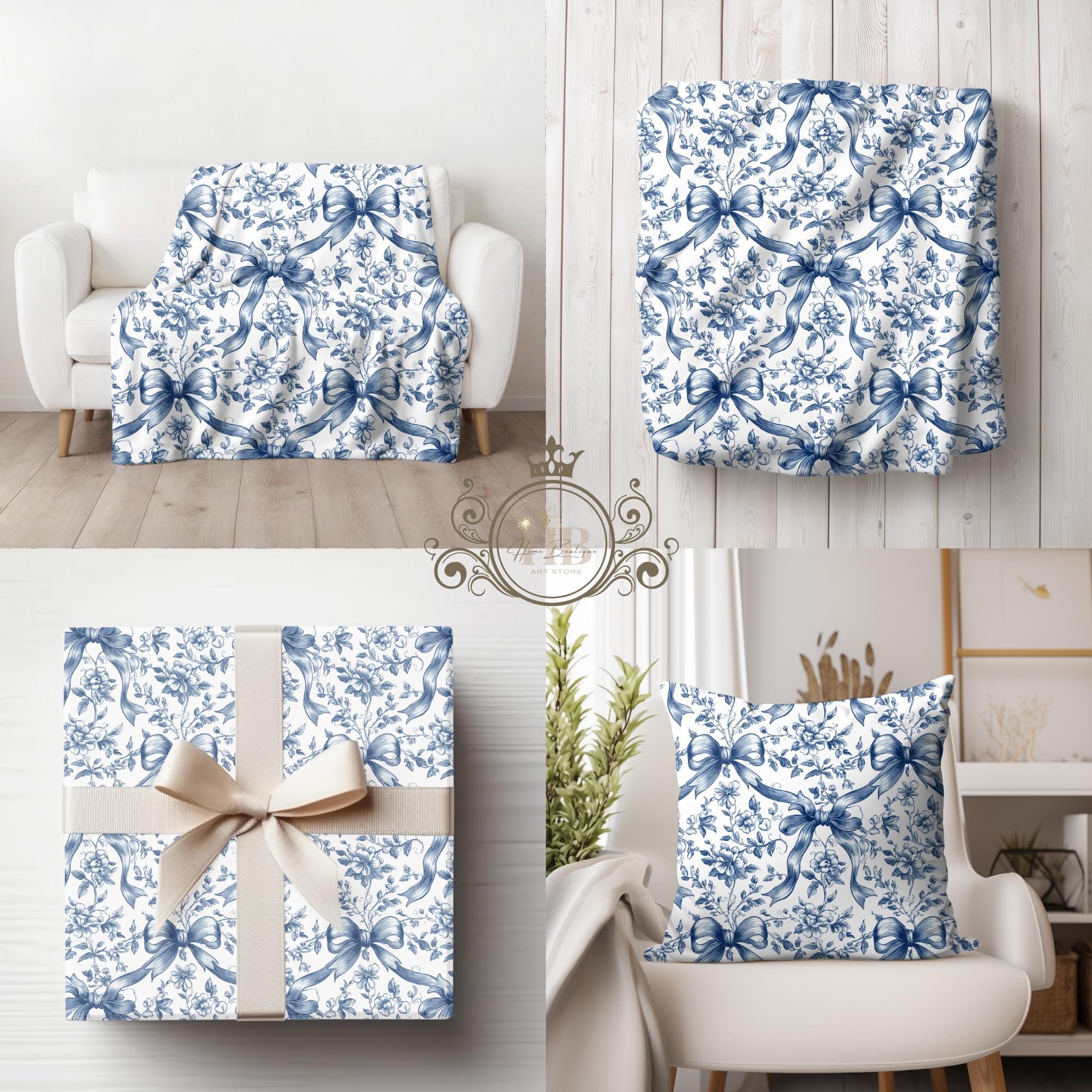 Blue Toile Coquette Seamless Patterns Bows Digital Paper Wallpaper ...