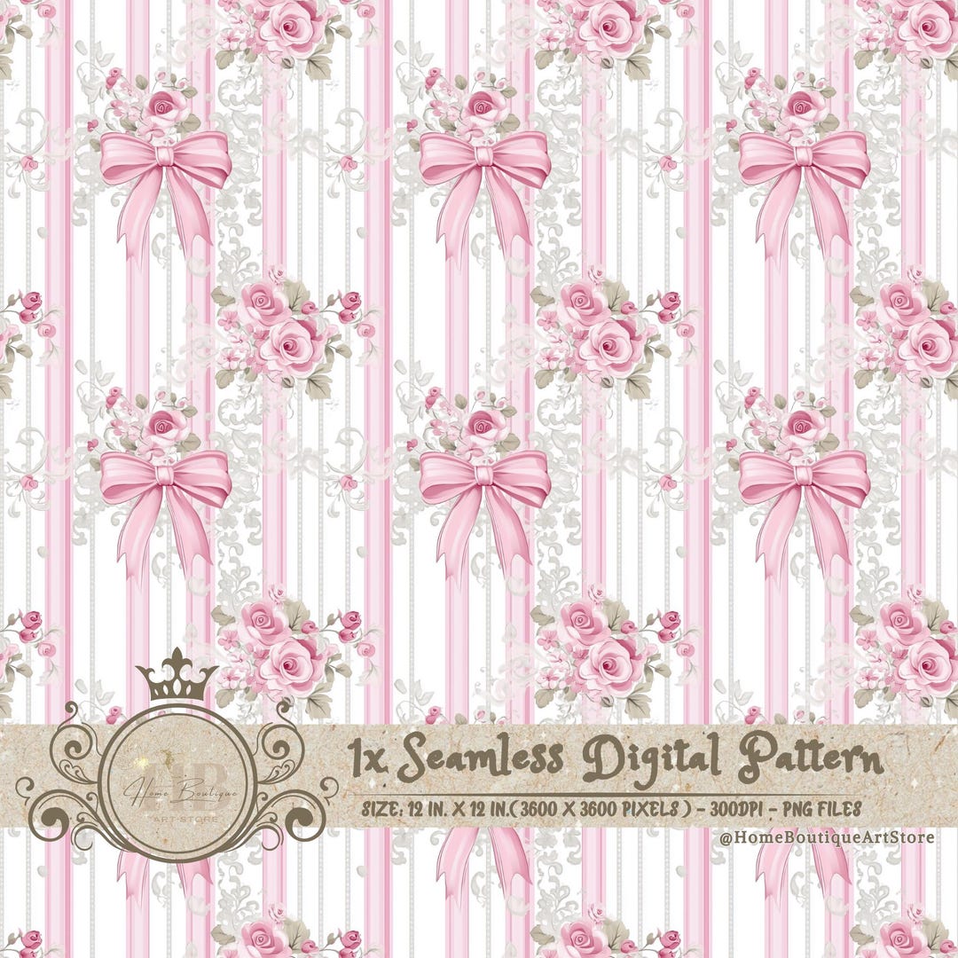 Pink Bow Flower Stripe Seamless Pattern Baby Pink Digital Paper ...