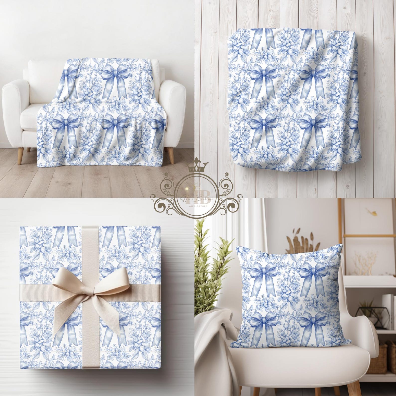 Blue Toile Coquette Seamless Patterns Bows Digital Paper Wallpaper ...