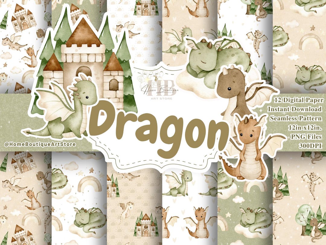 Cute Dragon Watercolor Digital Paper Pack Dragon Seamless Pattern ...